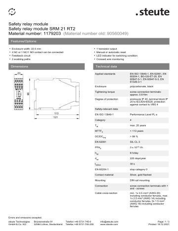 Steute Safety relay module SRM 21 RT2 Data Sheet | Manualzz