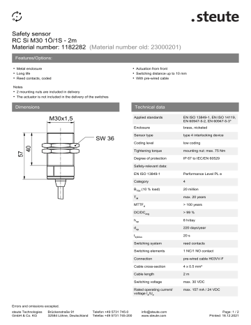 Steute RC Si M30 1Ö/1S - 2m Data Sheet | Manualzz