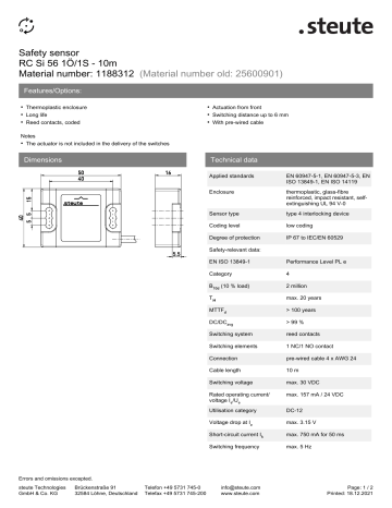 Steute RC Si 56 1Ö/1S - 10m Data Sheet | Manualzz