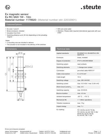 Steute Ex RC M20 1W - 10m Data Sheet | Manualzz