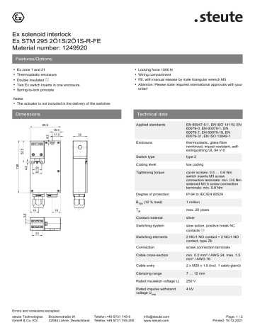 Steute Ex STM 295 2Ö1S/2Ö1S-R-FE Data Sheet | Manualzz