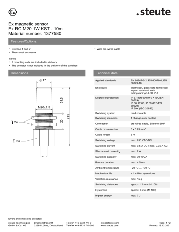 Steute Ex RC M20 1W KST - 10m Data Sheet | Manualzz