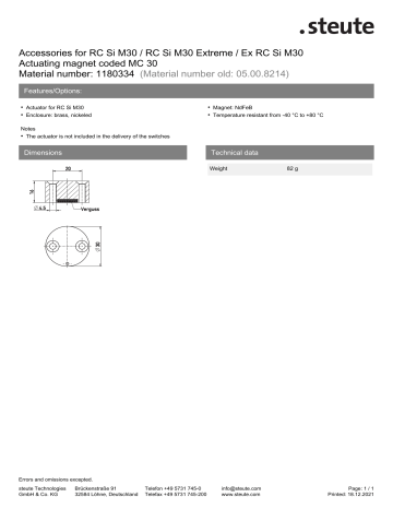 Steute Actuating magnet coded MC 30 Data Sheet | Manualzz