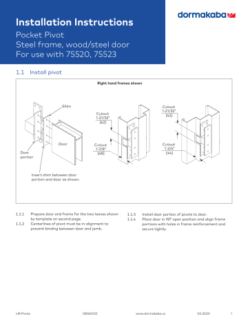 Dormakaba LM Pocket Pivots Installation instructions | Manualzz