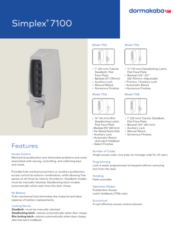 Dormakaba Simplex 7000/7100 Series Specification | Manualzz