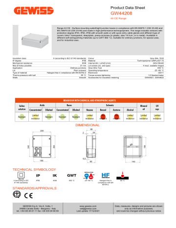Gewiss GW44208 JUNCTION BOX Data Sheet | Manualzz