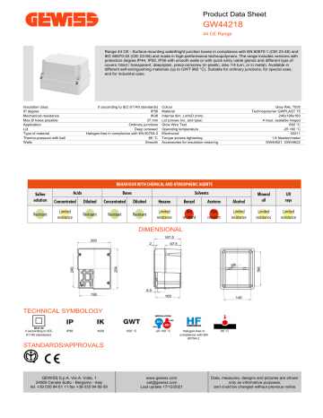 Gewiss GW44218 JUNCTION BOX Data Sheet | Manualzz