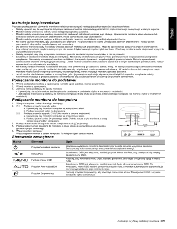 Acer G206HQL Monitor Skrócona instrukcja obsługi | Manualzz