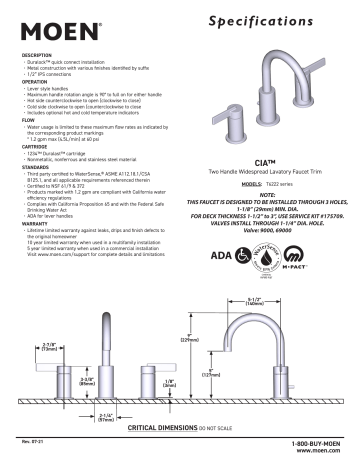 Moen T6222BG Cia Brushed gold two-handle bathroom faucet Specifications ...
