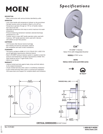 Moen UT3331BG Cia Brushed gold M-CORE Specifications | Manualzz