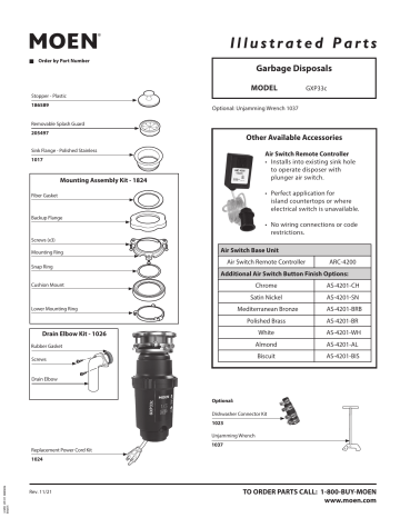 Moen GXP33C Lite™ Series 1/3 Horsepower Garbage Disposal Exploded Parts ...