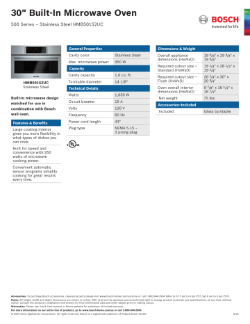 Bosch HMB50152UC/06 Built-In Microwave Oven Spec Sheet | Manualzz