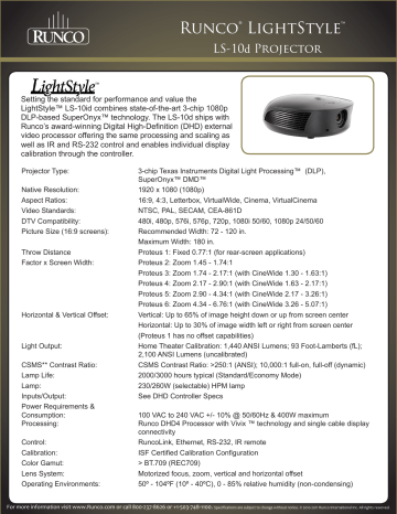 Runco LightStyle LS-10d Projector Product sheet | Manualzz