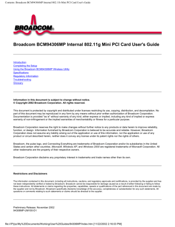 Broadcom BCM94306MP Internal 802.11g Mini PCI Card User's Guide | Manualzz