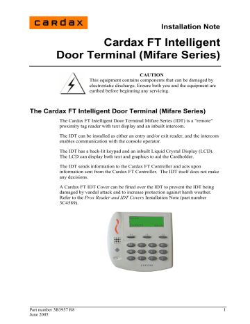 Cardax Door Terminal Mifare FT Intelligent Installation Note | Manualzz