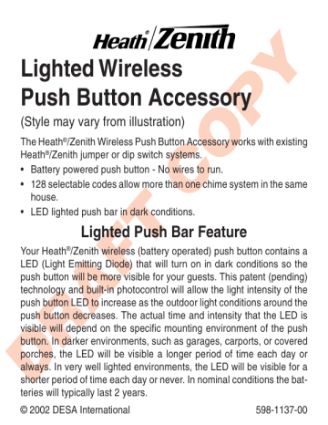 Heath/Zenith Wireless Push Button Accessory User Manual | Manualzz