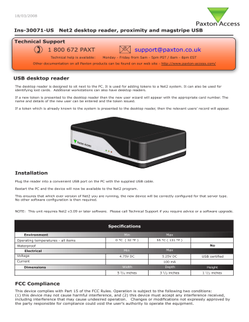 Paxton Access Net2 USB Desktop Reader User Manual | Manualzz