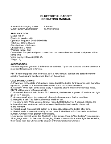 Bluetooth headset RB-T1 Operating Manual | Manualzz