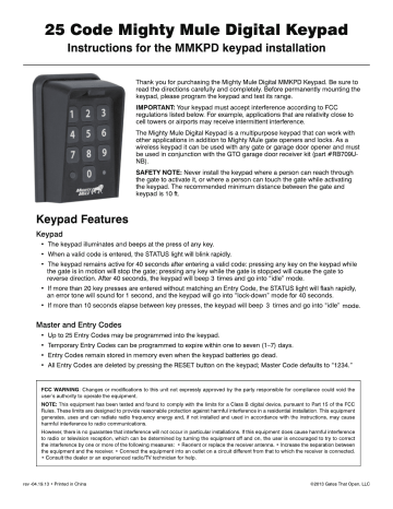 Mighty Mule Digital Keypad MMKPD Instructions | Manualzz