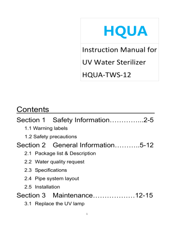 HQUA -TWS-12 Ultraviolet Water Purifier Sterilizer Filter User Manual ...