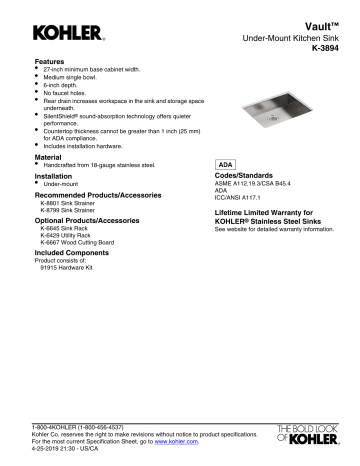 Kohler 3894-NA Vault Kitchen Sink Specifications | Manualzz