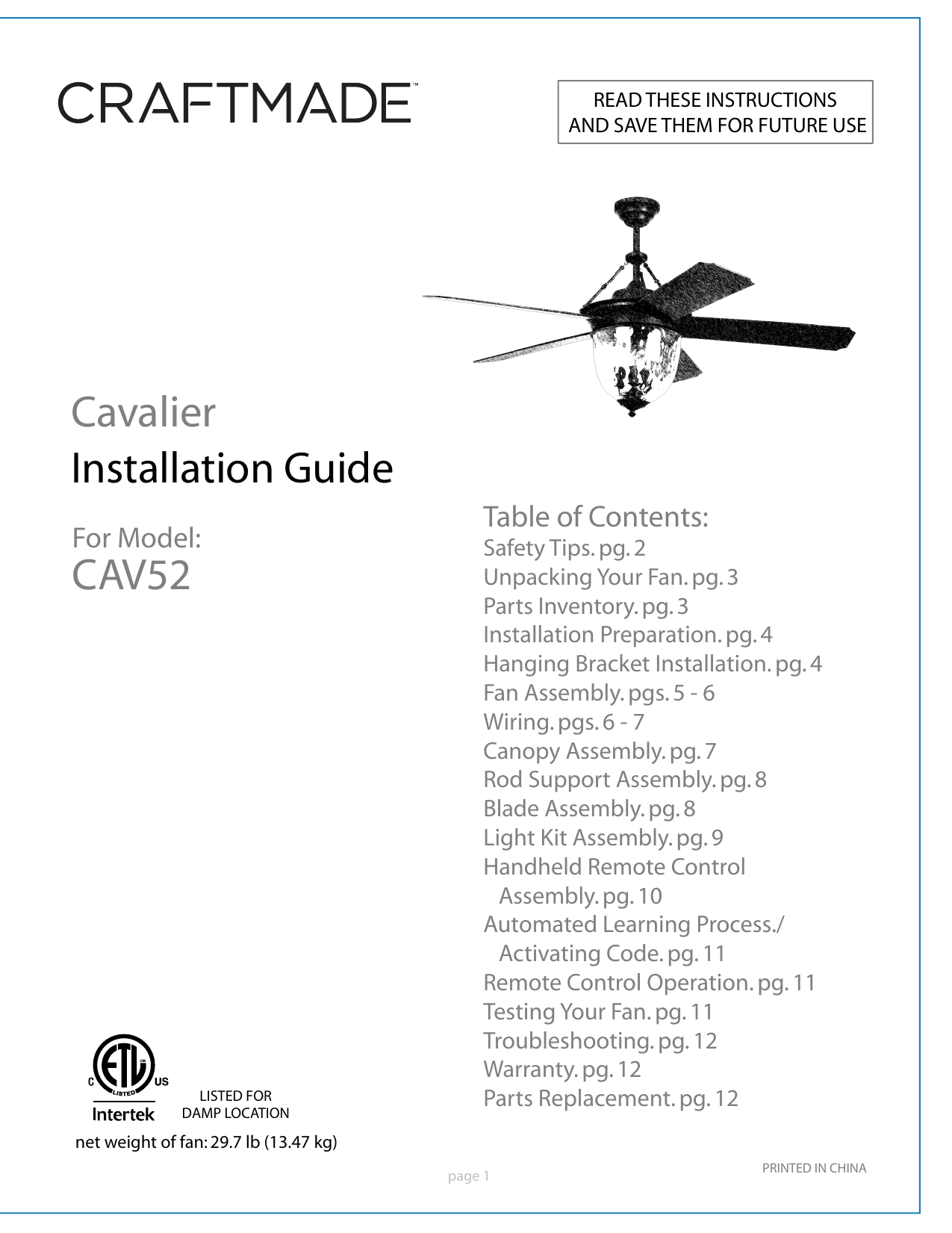 Craftmade Ceiling Fans Installation Instructions | Shelly Lighting