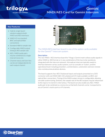 Clear-Com Trilogy Gemini MADI/AES Card Spec Sheet | Manualzz