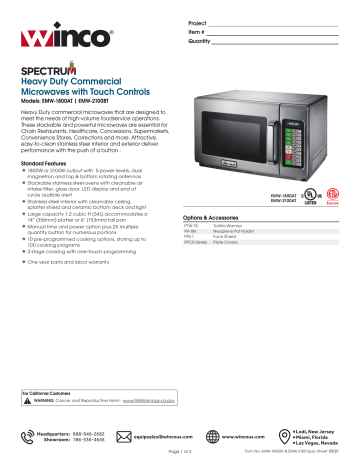 Winco Spectrum™ Touch Control Microwave Spec Sheet | Manualzz