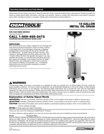 Oemtools 87042 Operating Instructions And Parts Manual | Manualzz