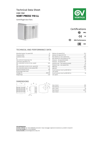 Vortice VORT PRESS 110 LL Centrifugal duct fan Data Sheet | Manualzz