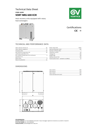 Vortice VORT NRG 600 ECR Heat recovery unit Data Sheet | Manualzz