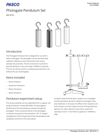 Pasco ME-8752 Photogate Pendulum Set Owner's Manual | Manualzz