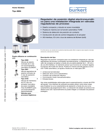 Burkert 8694 Digital electropneumatic positioner Ficha de datos | Manualzz