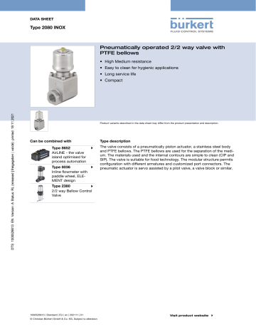 Burkert 2080 Pneumatically operated 2/2 way valve Data Sheet | Manualzz