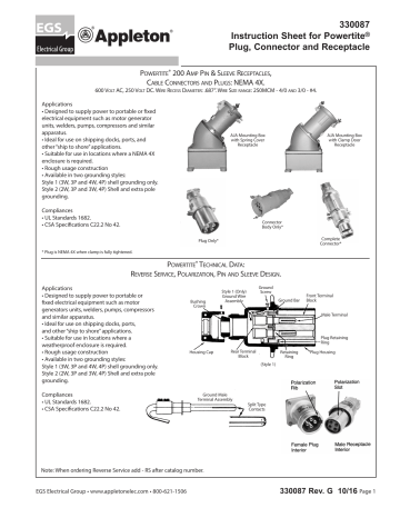 Appleton Original Powertite Series 200 Amp Pin and Sleeve Plugs ...