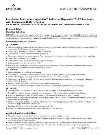 Appleton Industrial Rigmaster LED Luminaire Instruction | Manualzz