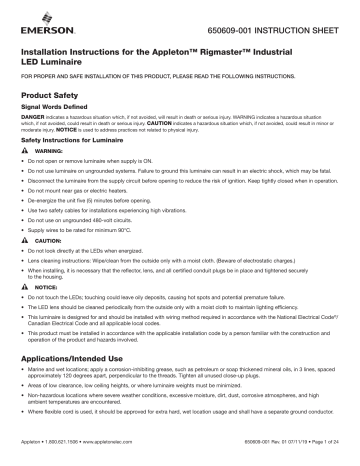 Appleton Industrial Rigmaster LED Luminaire, 650609-001 Instruction ...