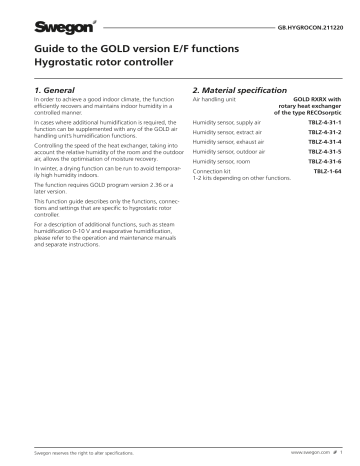 Swegon GOLD RX Hygrostatic rotor controller Instructions | Manualzz