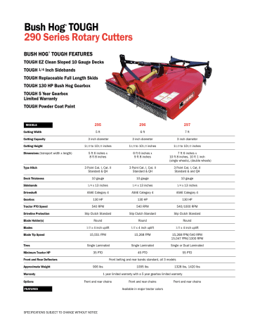 Bush Hog 295 Specification Sheet | Manualzz