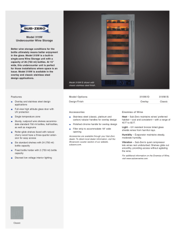 Sub-Zero 315W/S Specification Sheet | Manualzz