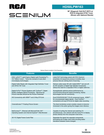 RCA SCENIUM HD50LPW163 Brochure & Specs | Manualzz