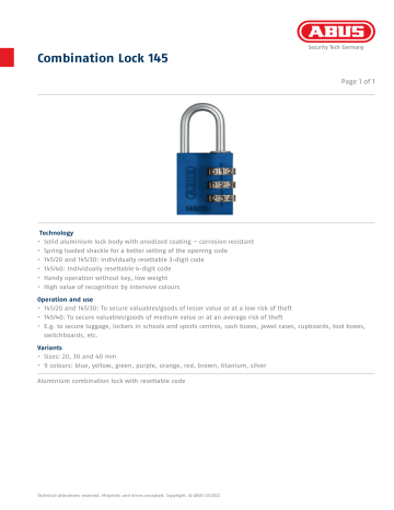 ABUS 100109001000 Combination Lock 145 Technical data | Manualzz