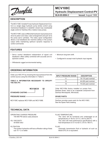 Danfoss M46 Tandem Pumps MCV108C Hydraulic Displacement Control (for Series 46 Medium Duty ...