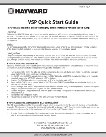 Hayward VSP Quick Start Manual | Manualzz