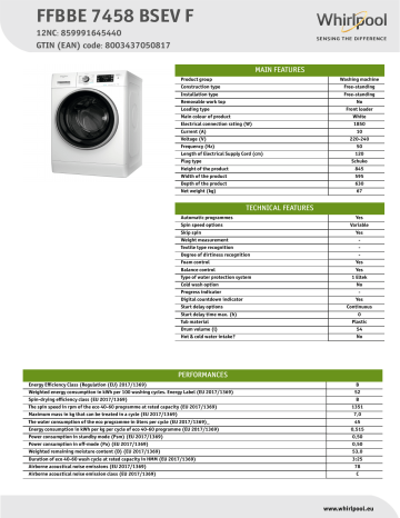 WHIRLPOOL FFBBE 7458 BSEV F Washing machine NEL Data Sheet | Manualzz