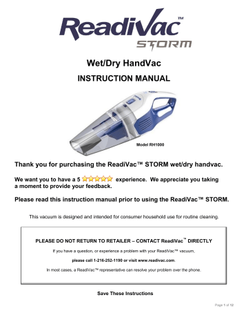ReadiVac Storm RH1000 Instruction Manual | Manualzz