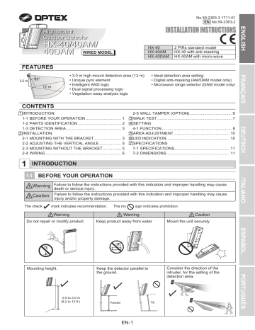 Optex HX-40AM, HX-40DAM Installation Instructions Manual | Manualzz