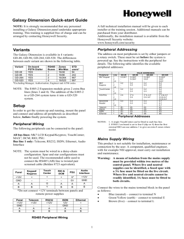 Honeywell Galaxy Dimension GD-96 Quick Start Manual | Manualzz