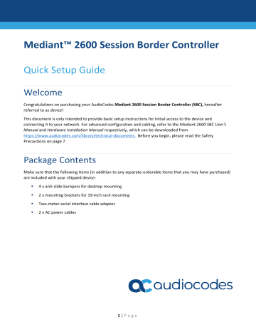 AudioCodes Mediant 2600 Quick Setup Manual | Manualzz