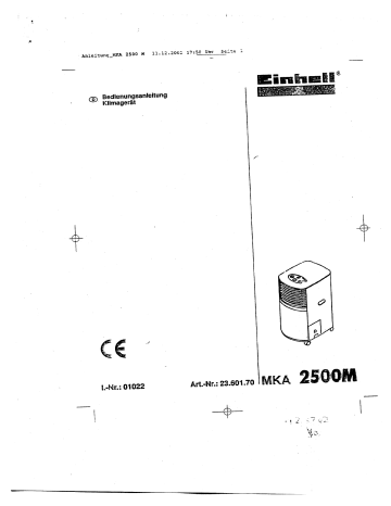 Einhell MKA 2500 M Portable Air Conditioner Instructions | Manualzz